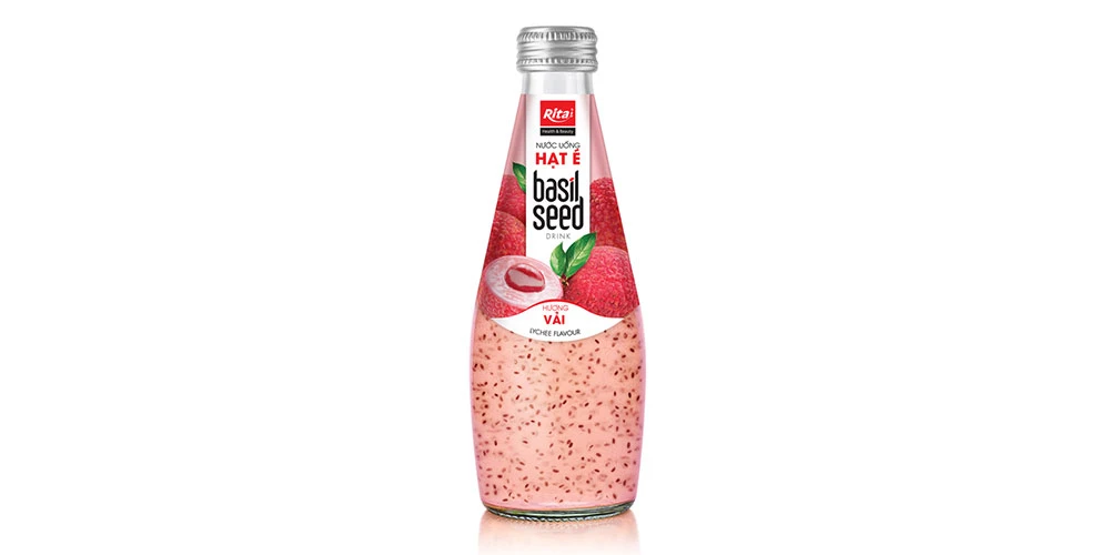 Chia and Basil Seeds: 290ml Glass Bottle Lychee Flavor Basil Seed Drink
